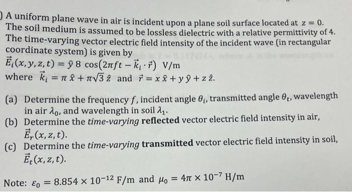 Solved A uniform plane wave in air is incident upon a plane | Chegg.com
