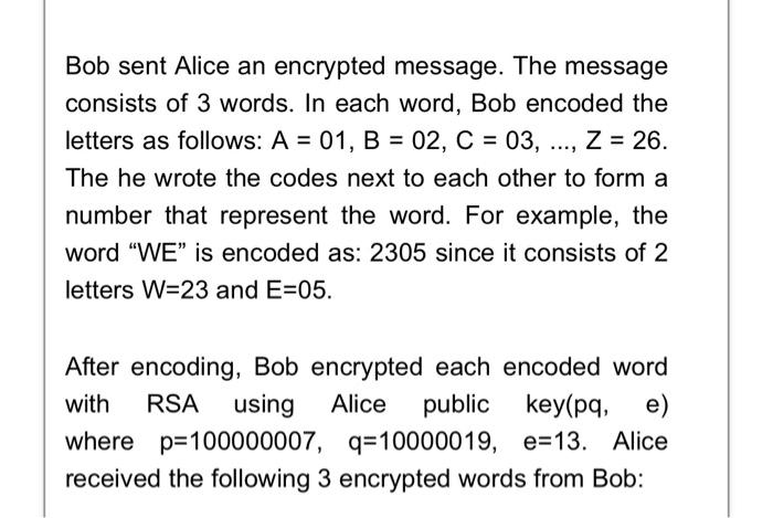 Solved Bob sent Alice an encrypted message. The message | Chegg.com