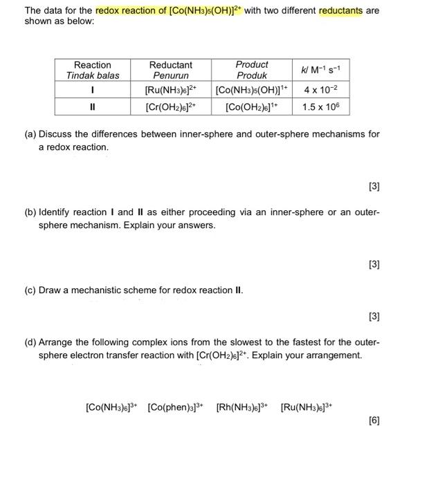 Solved The data for the redox reaction of [Co(NH3)(OH)]2+ | Chegg.com
