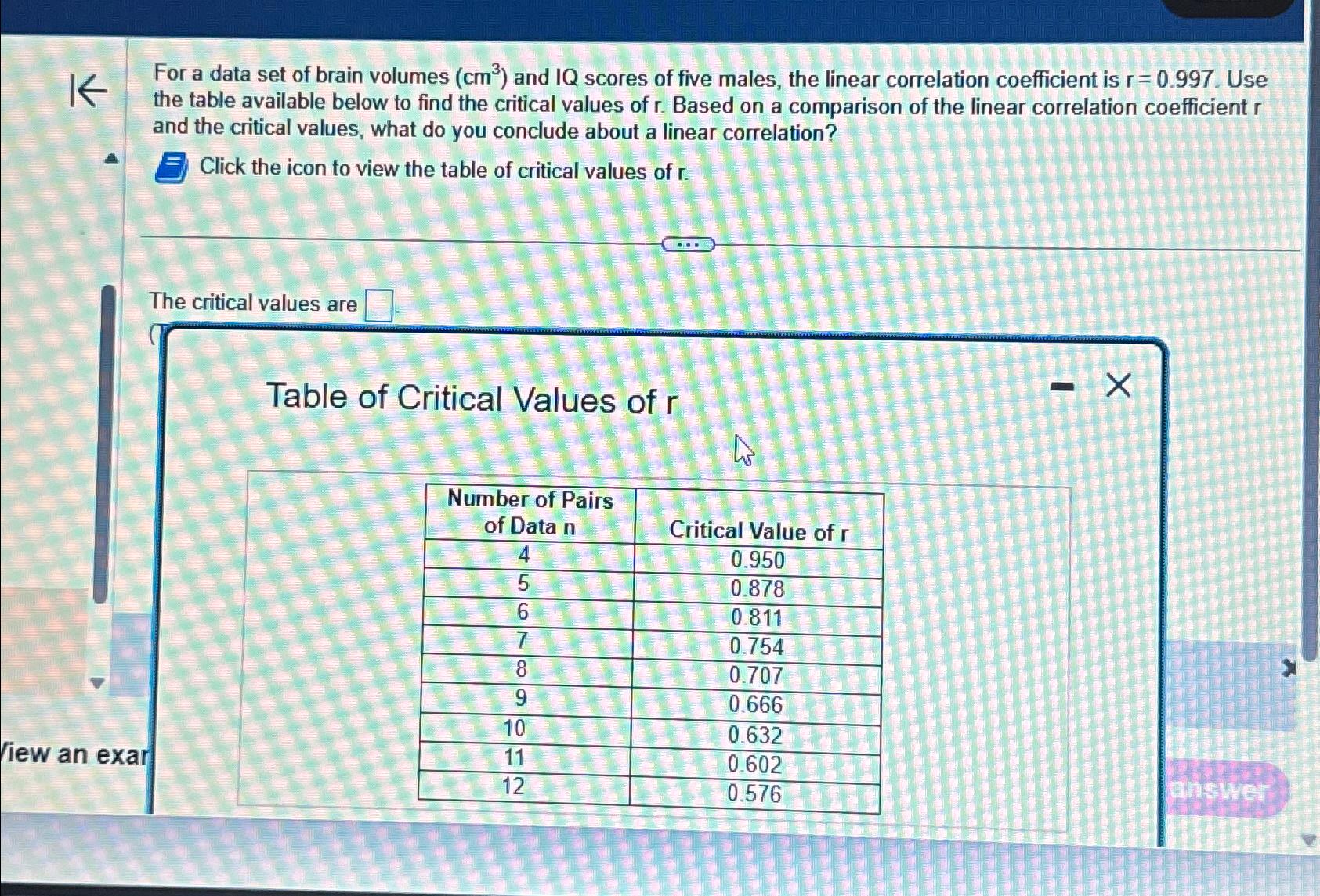 For a data set of brain volumes (cm3) ﻿and IQ ﻿scores | Chegg.com