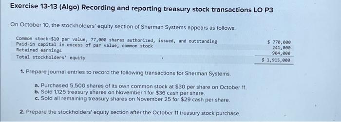 Solved Exercise 13−13 (Algo) Recording and reporting | Chegg.com