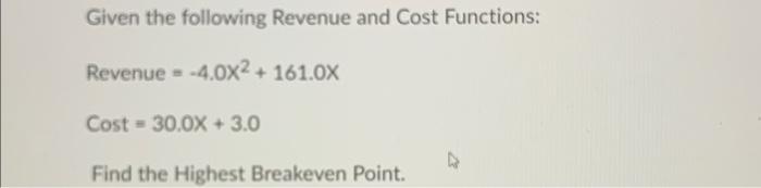 Solved Given the following Revenue and Cost Functions: | Chegg.com