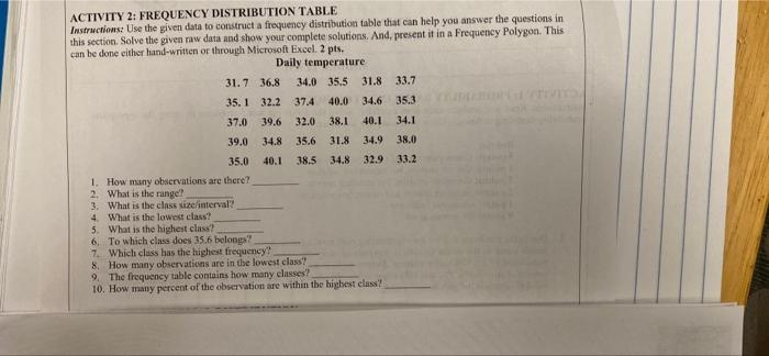 Solved ACTIVITY 2: FREQUENCY DISTRIBUTION TABLE | Chegg.com