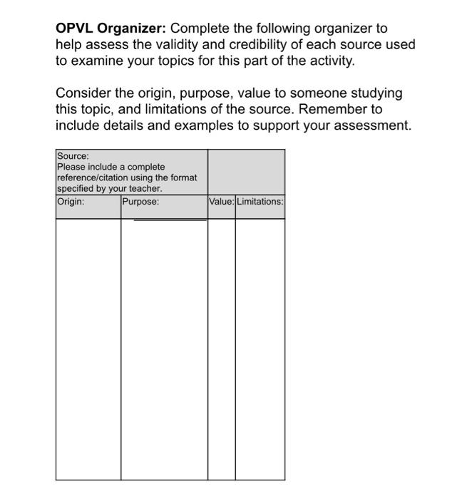 OPVL Organizer: Complete the following organizer to | Chegg.com