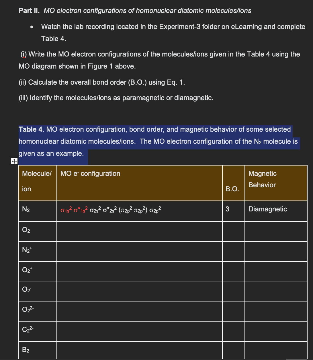 Solved Table 4. ﻿MO electron configuration, bond order, and | Chegg.com