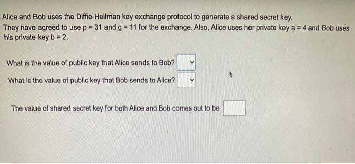 Solved Alice and Bob uses the Diffie-Hellman key exchange | Chegg.com