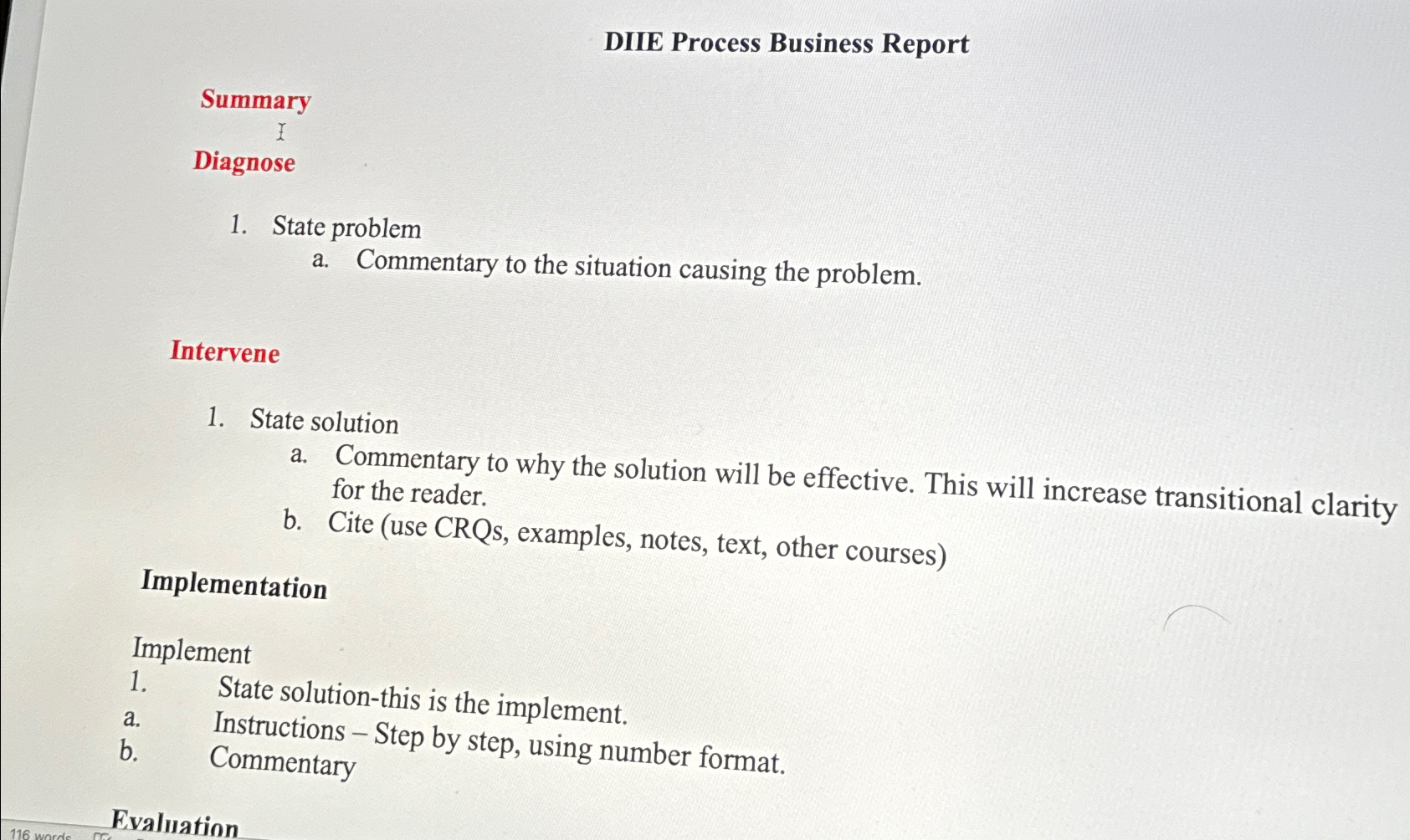 Solved DIIE Process Business ReportSummaryDiagnoseState | Chegg.com