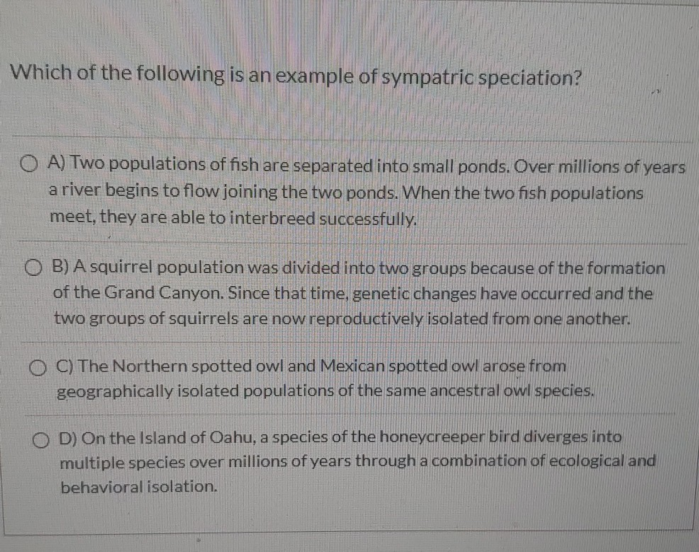 Solved Which of the following is an example of sympatric | Chegg.com