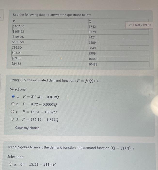 Use the following data to answer the questions below. | Chegg.com