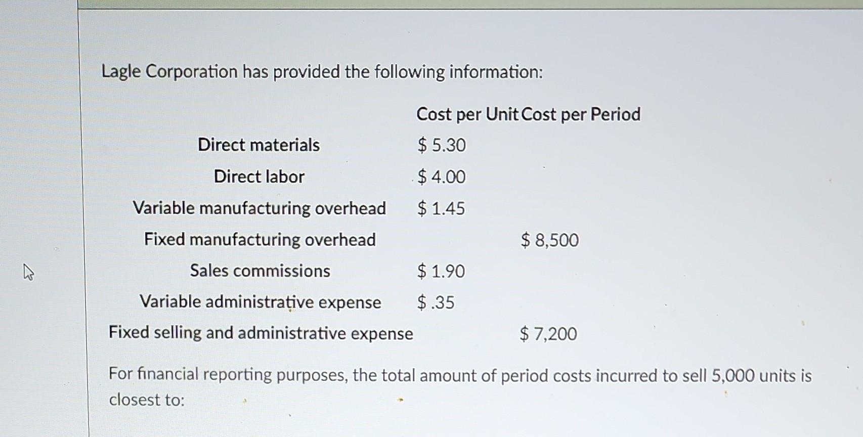 Solved Lagle Corporation has provided the following | Chegg.com