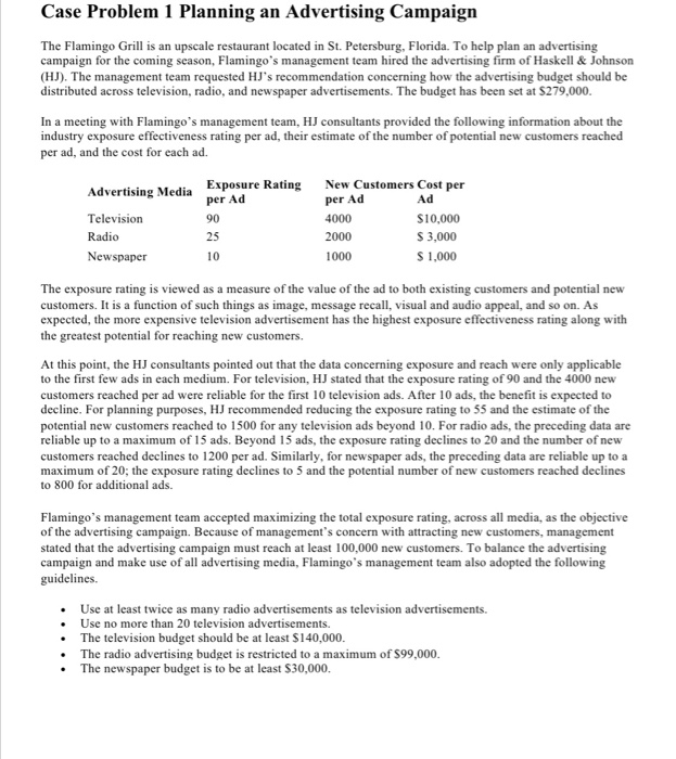 Case Problem 1 Planning an Advertising Campaign The | Chegg.com