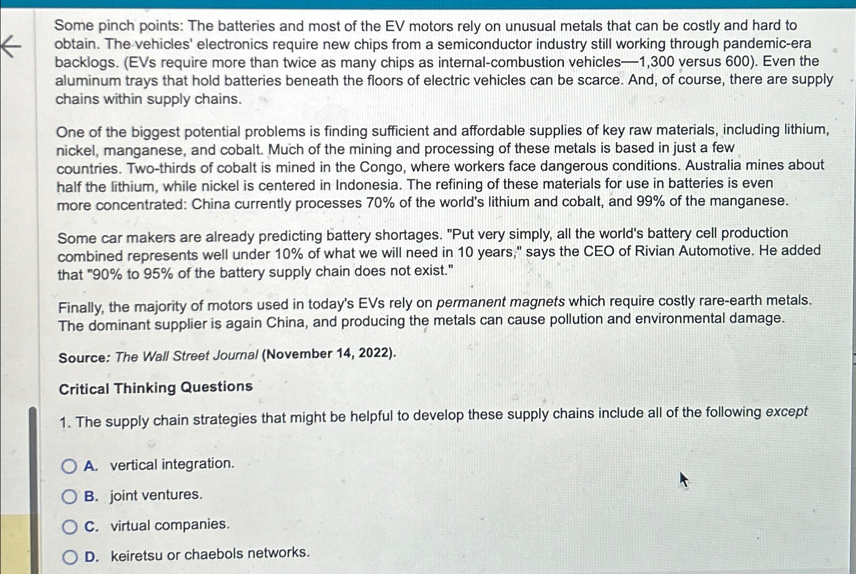 Solved Some pinch points: The batteries and most of the EV | Chegg.com
