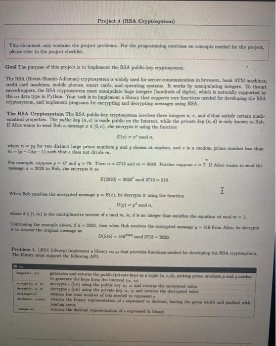 Project 4 (RSA Cryptosystem) This document only | Chegg.com
