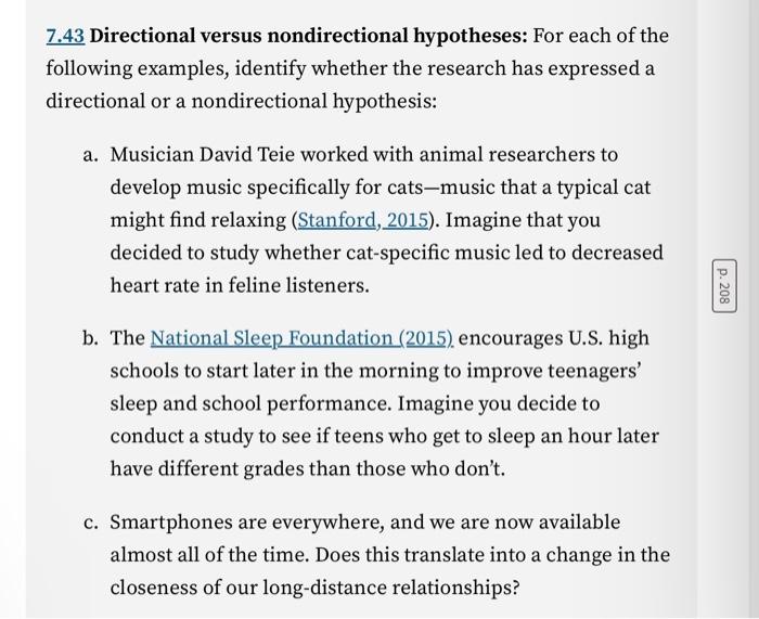 Solved 7.43 Directional versus nondirectional hypotheses: | Chegg.com