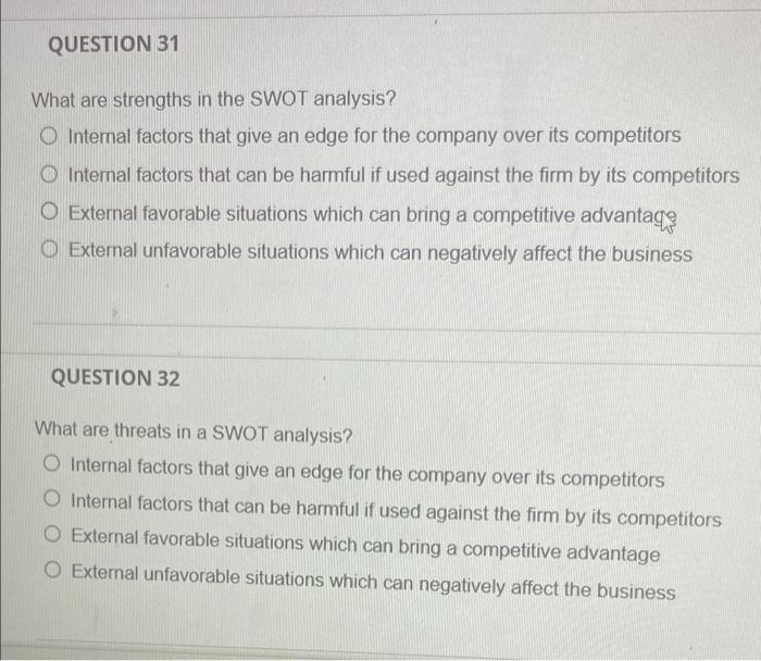 Solved QUESTION 31 What are strengths in the SWOT analysis? | Chegg.com