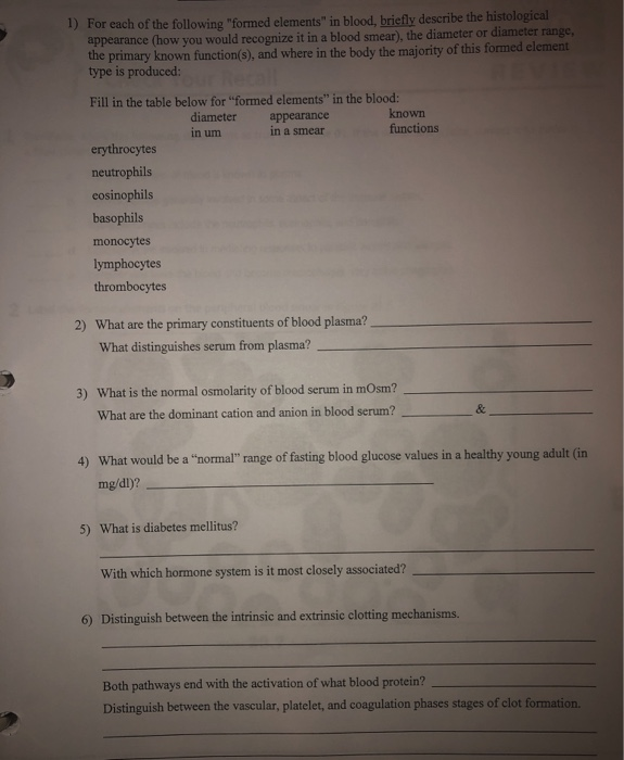 Solved 1) For each of the following "formed elements" in | Chegg.com