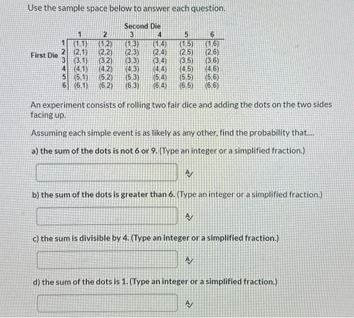 Solved Use the sample space below to answer each question. | Chegg.com