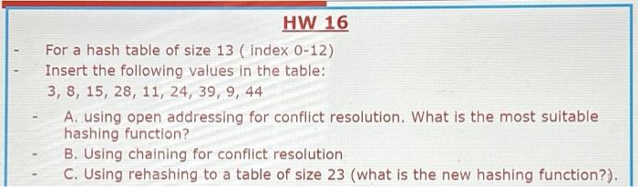 Solved HW 16 For a hash table of size 13 (index 0-12) Insert | Chegg.com