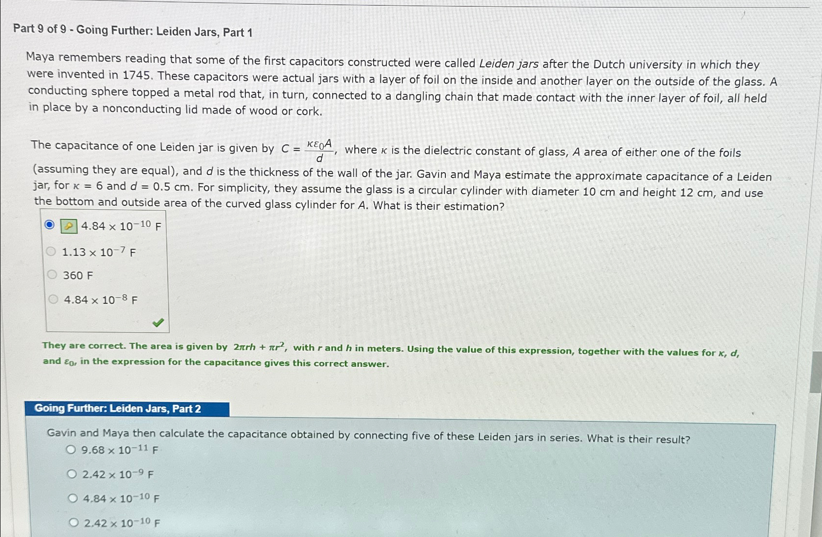 Solved Part 9 ﻿of 9 - ﻿Going Further: Leiden Jars, Part | Chegg.com