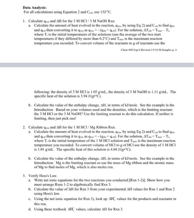 Data Analysis: For all calculations using Equation 2 | Chegg.com