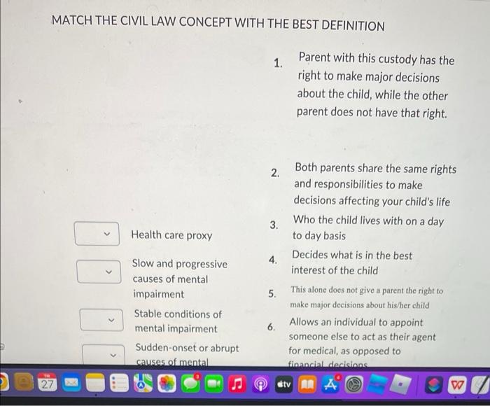 MATCH THE CIVIL LAW CONCEPT WITH THE BEST DEFINITION | Chegg.com