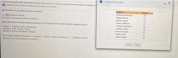Solved Student Pluse Rates The accompanying data represent | Chegg.com