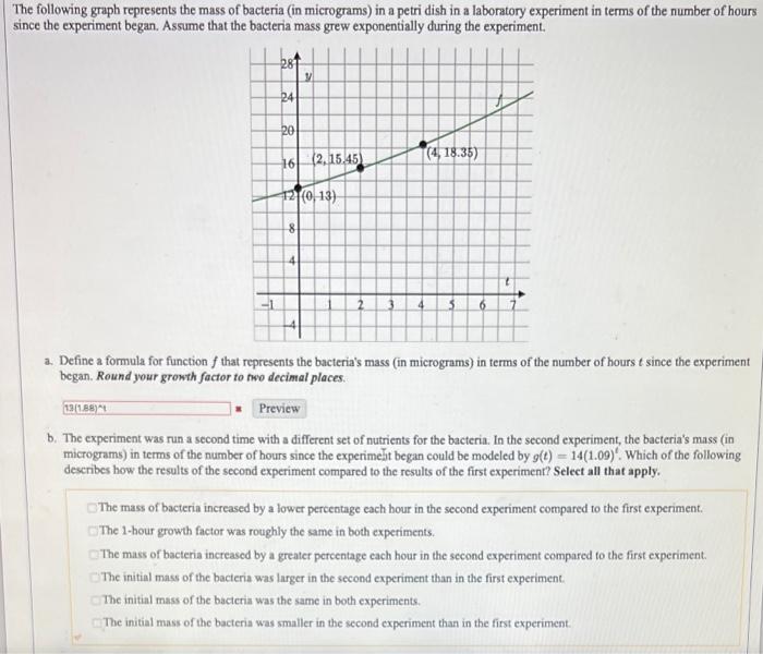 Solved The following graph represents the mass of bacteria | Chegg.com