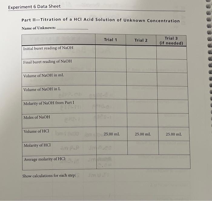 Part Ii Titration Of A Hcl Acid Solution Of Unknown