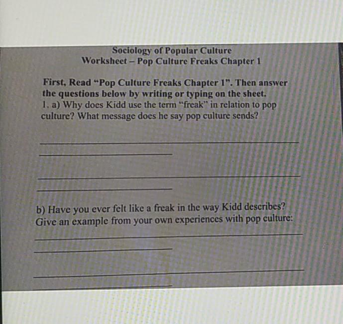 Solved Sociology of Popular Culture Worksheet - Pop Culture | Chegg.com