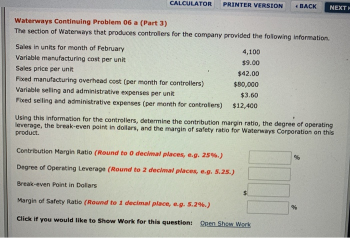 Solved CALCULATOR PRINTER VERSION BACK NEXT Waterways | Chegg.com
