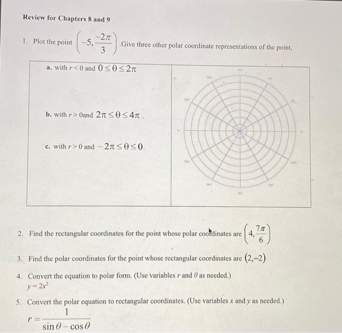 Solved Review for Chapters 8 and 9 -27 1. Plot the point -5, | Chegg.com