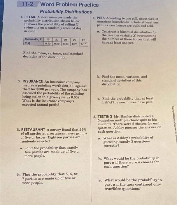 Solved 11-2 Word Problem Practice Probability Distributions | Chegg.com
