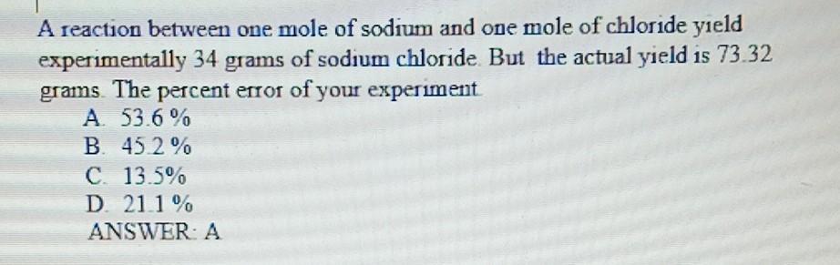 Solved A reaction between one mole of sodium and one mole of | Chegg.com