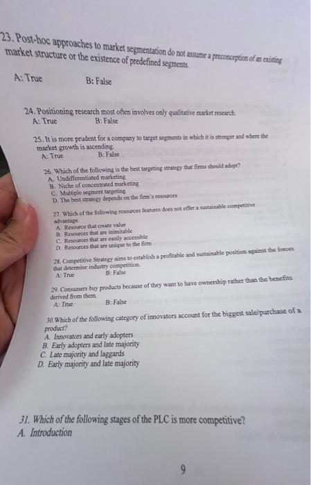 23. Post-hoc approaches to market segmentation do not | Chegg.com