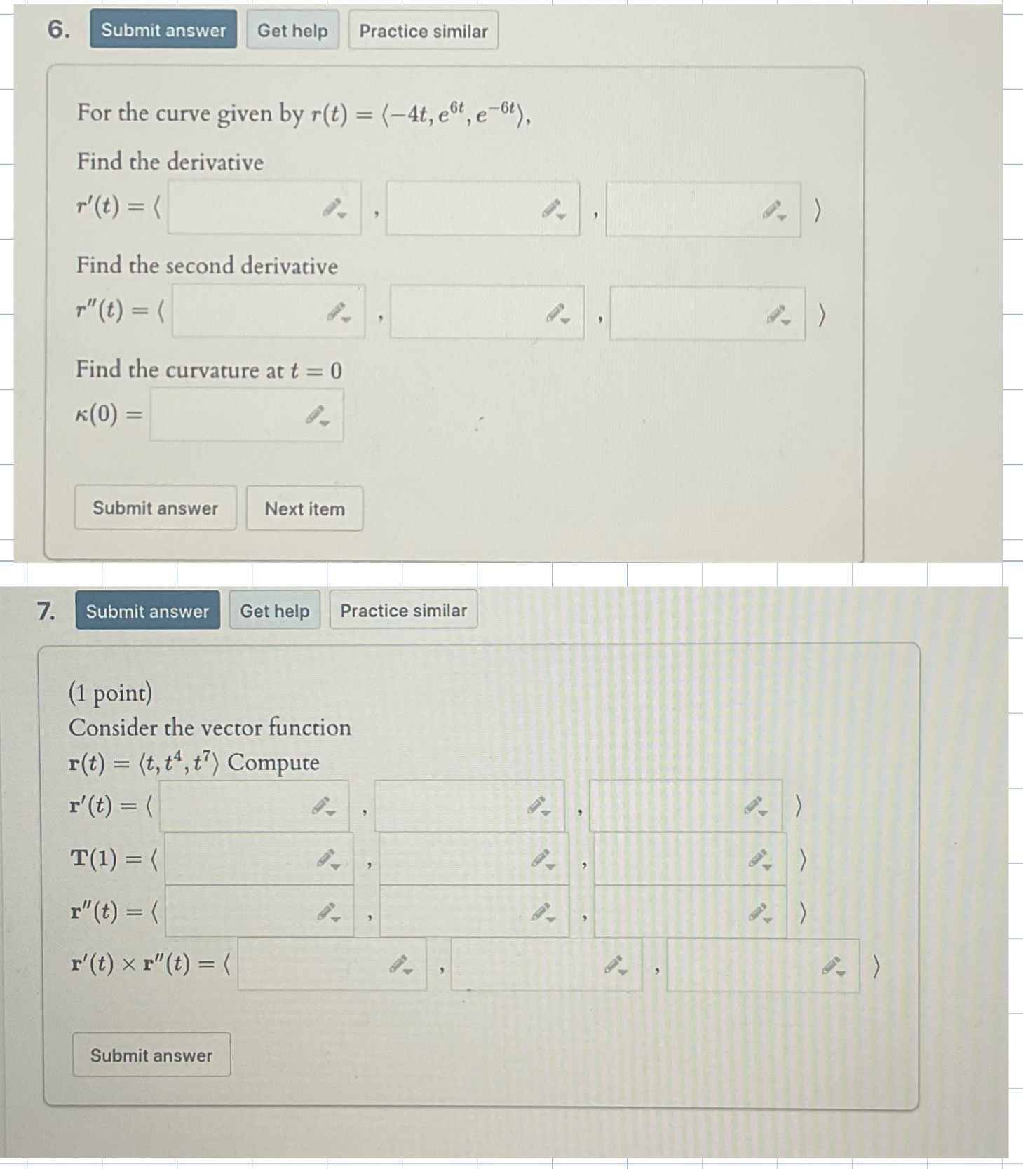 Solved For the curve given by r(t)=(:-4t,e6t,e-6t:),Find the | Chegg.com