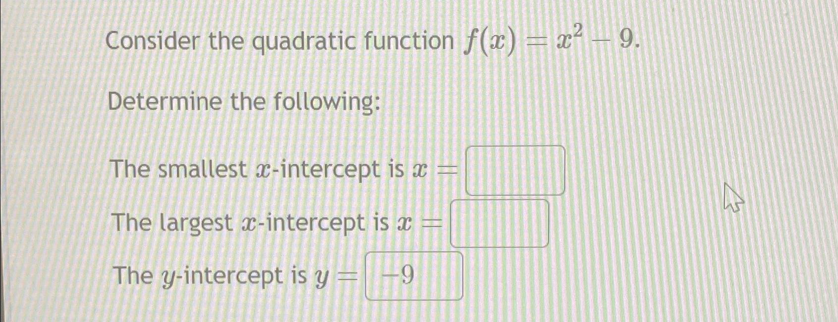 Solved Consider the quadratic function f(x)=x2-9.Determine | Chegg.com