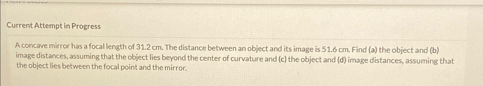 Solved Current Attempt in ProgressA concave mirror has a | Chegg.com