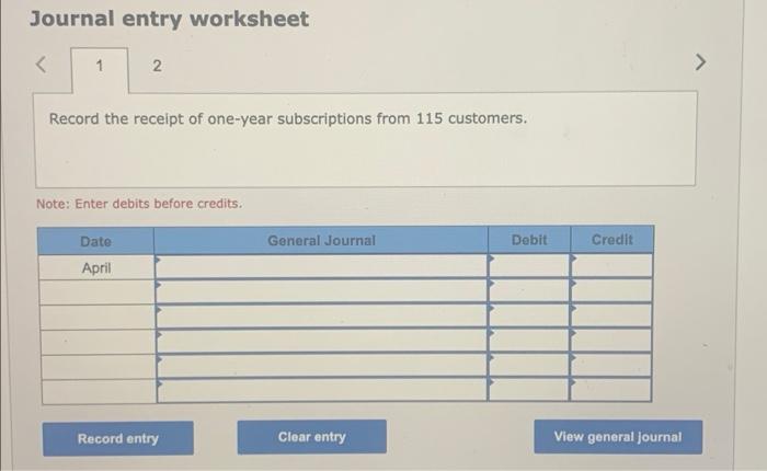 Solved Record the receipt of one-year subscriptions from 115 | Chegg.com