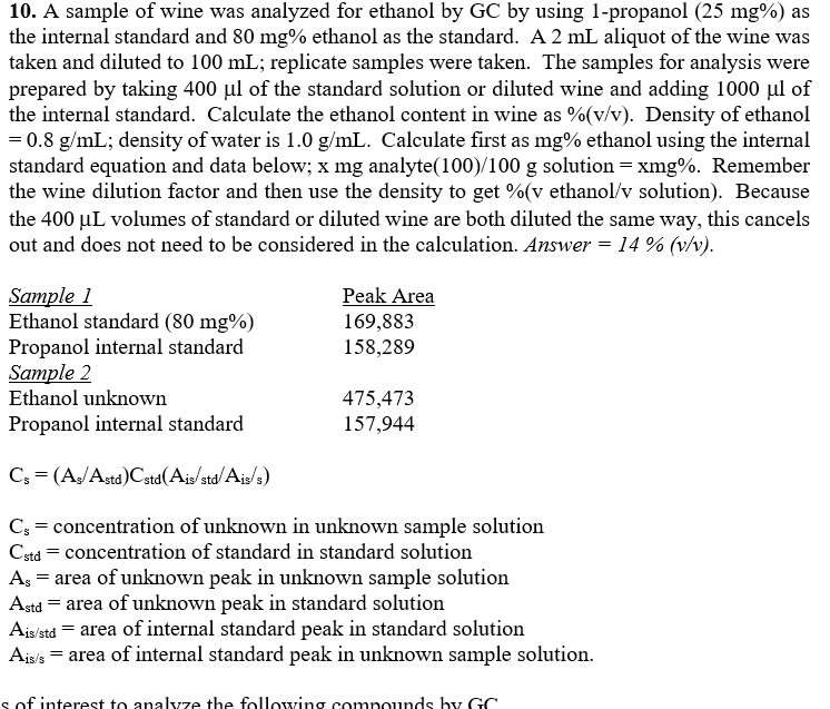 A sample of wine was analyzed for ethanol by GC by | Chegg.com