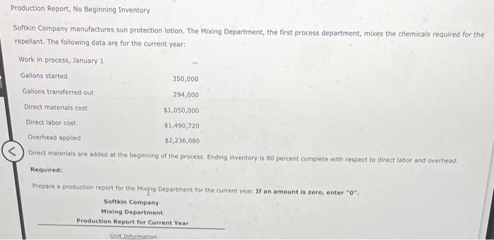Solved Production Report, No Beginning Inventory Softkin | Chegg.com