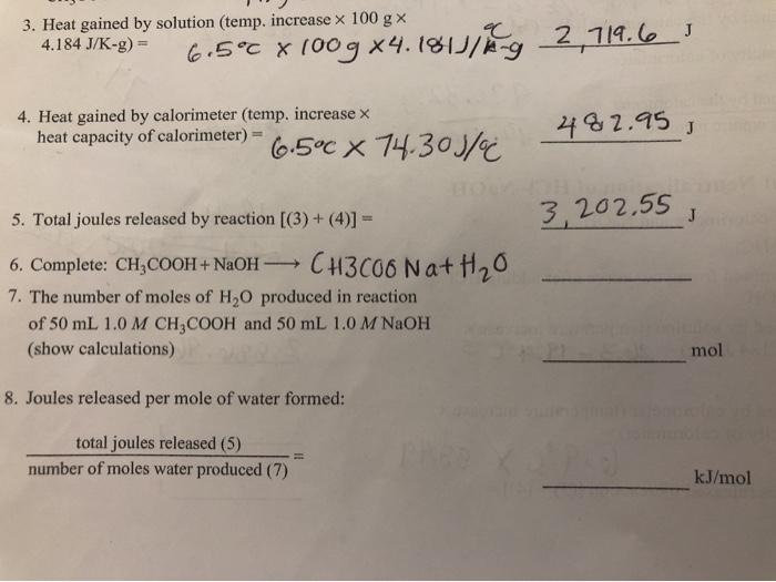 Solved 3. Heat gained by solution (temp. increase x 100 g x | Chegg.com
