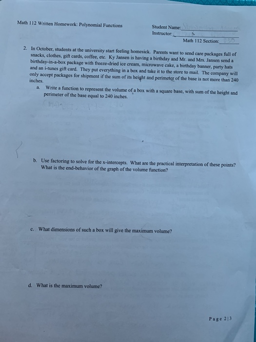 Solved Math 112 Written Homework Polynomial Functions