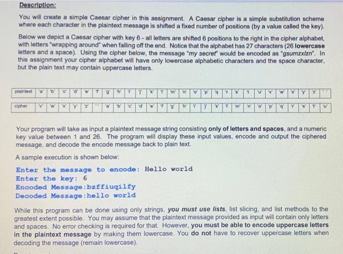 Solved Description: You will create a simple Caesar cipher | Chegg.com