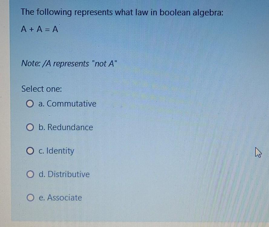 Solved The following represents what law in boolean algebra: | Chegg.com