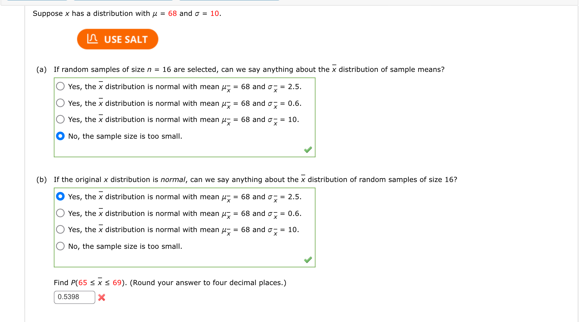 Solved Suppose x ﻿has a distribution with μ=68 ﻿and σ=10.(a) | Chegg.com