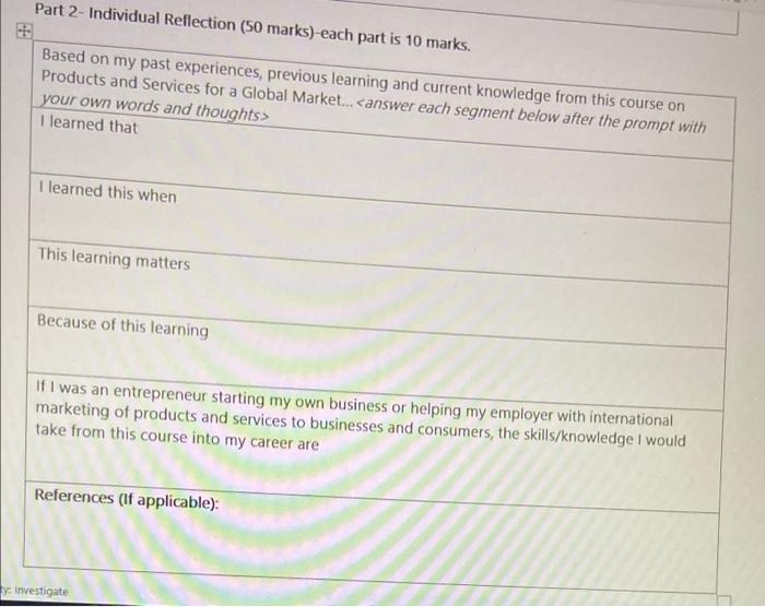 Solved Part 2- Individual Reflection (50 marks) each part is | Chegg.com