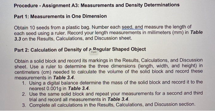 Solved Procedure - Assignment A3: Measurements and Density | Chegg.com