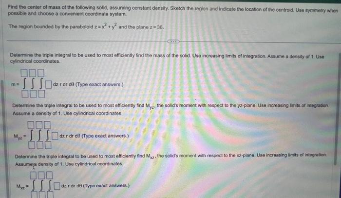 Solved Find the center of mass of the following solid, | Chegg.com