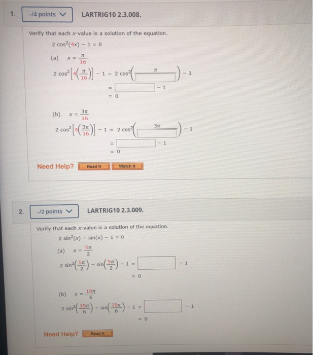 Solved Verify that each x-value is a solution of the | Chegg.com