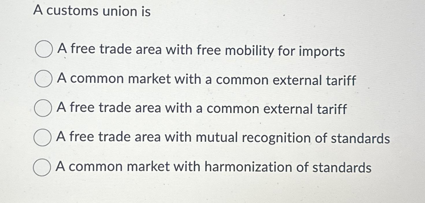 Solved A customs union isA free trade area with free | Chegg.com